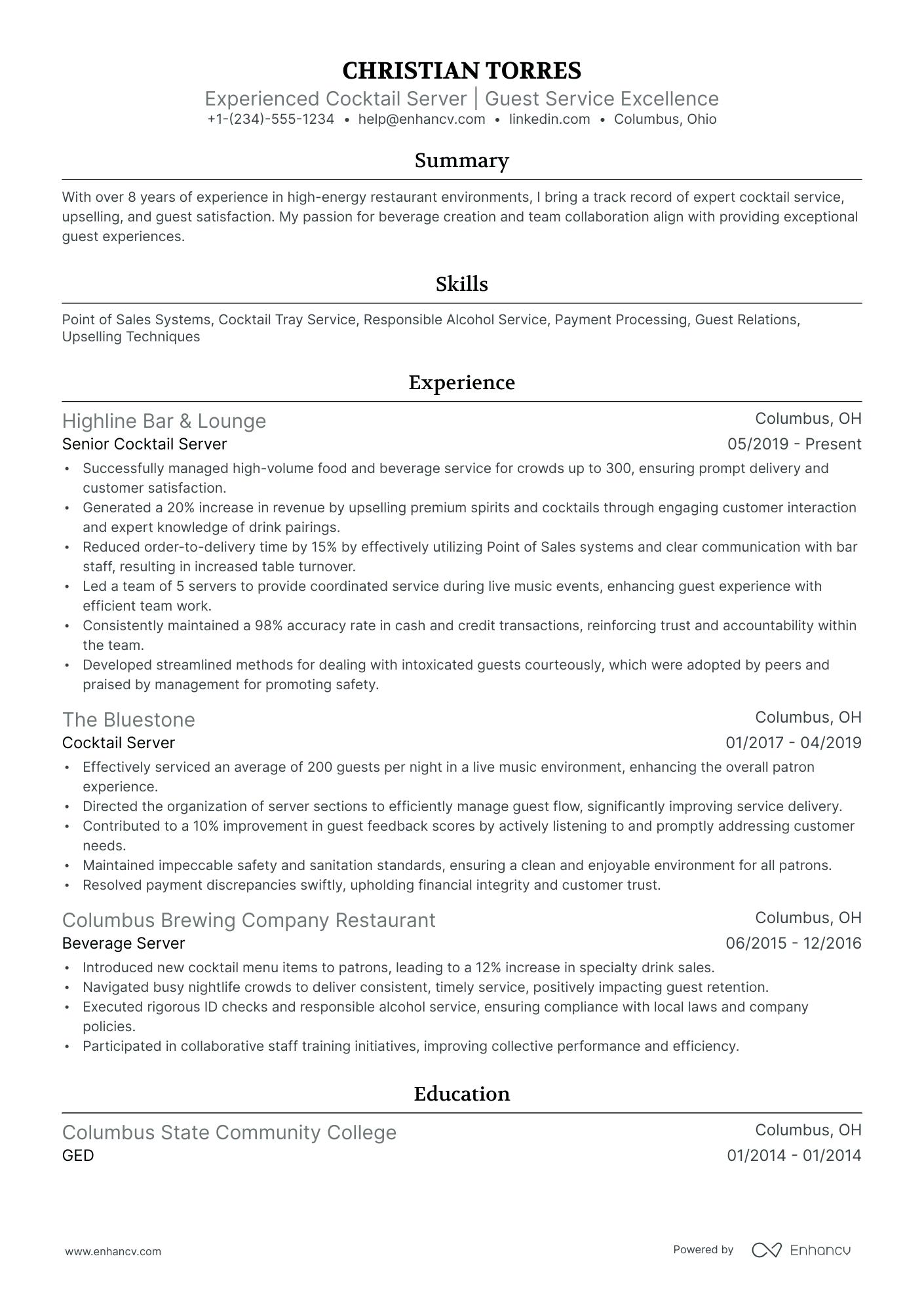 10 Cocktail Server Resume Examples & Guide for 2026