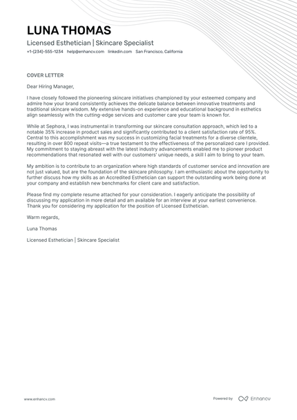 12 Professional Esthetician Cover Letter Examples and Template for 2025 ...