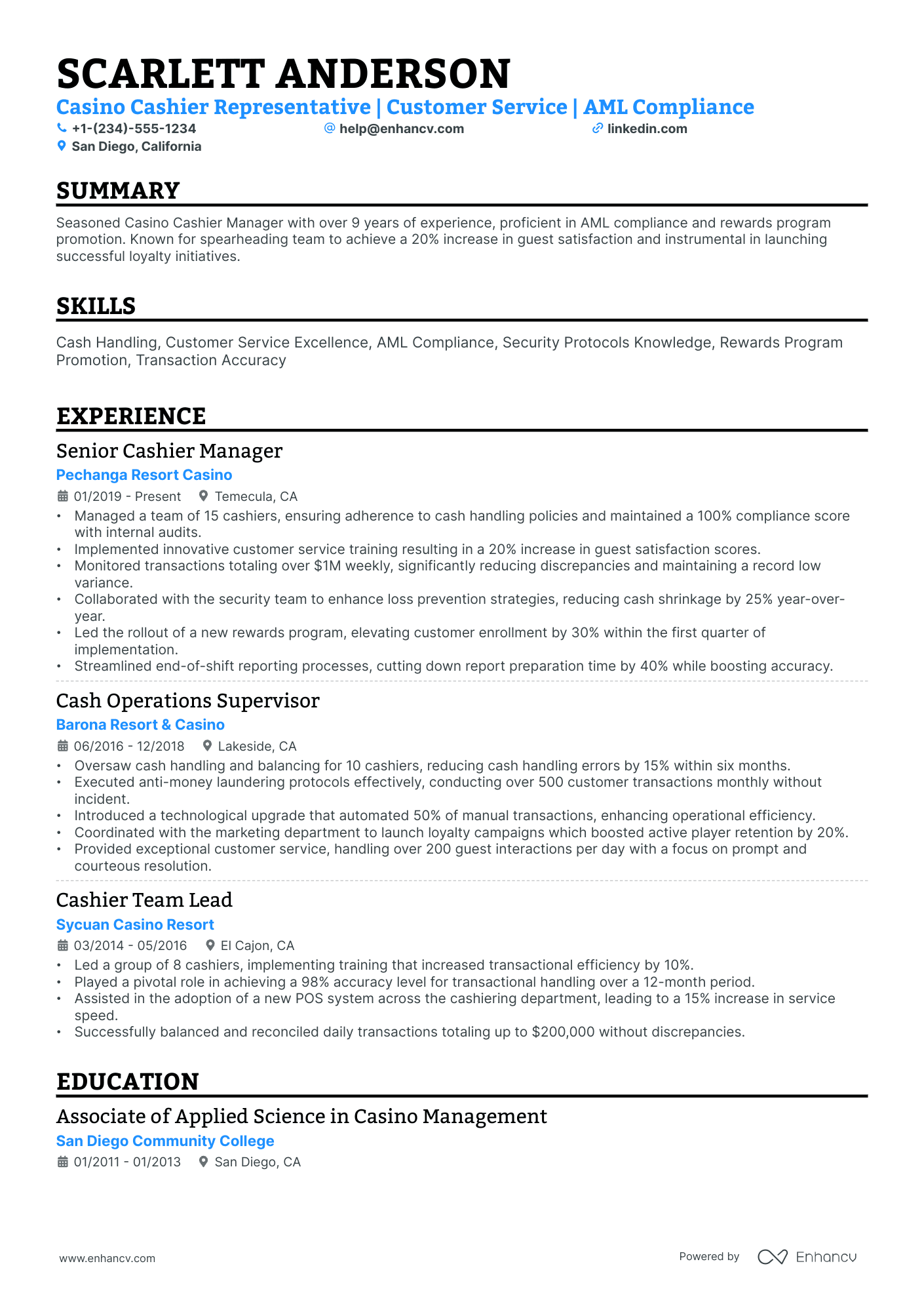10 Casino Cashier Resume Examples, Templates & Guide for 2026