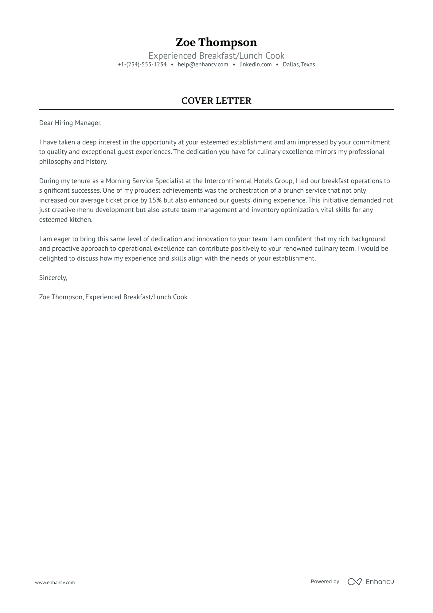 7 Professional Cook Cover Letter Examples and Template for 2026 | Enhancv