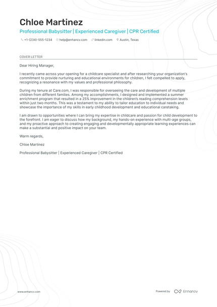 11 Professional Nanny Cover Letter Examples and Template for 2025 | Enhancv