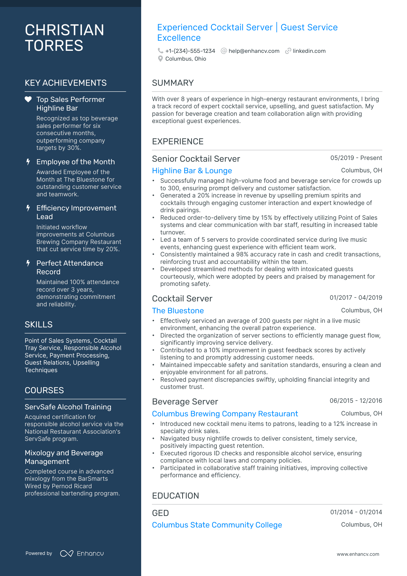 10 Cocktail Server Resume Examples & Guide for 2026