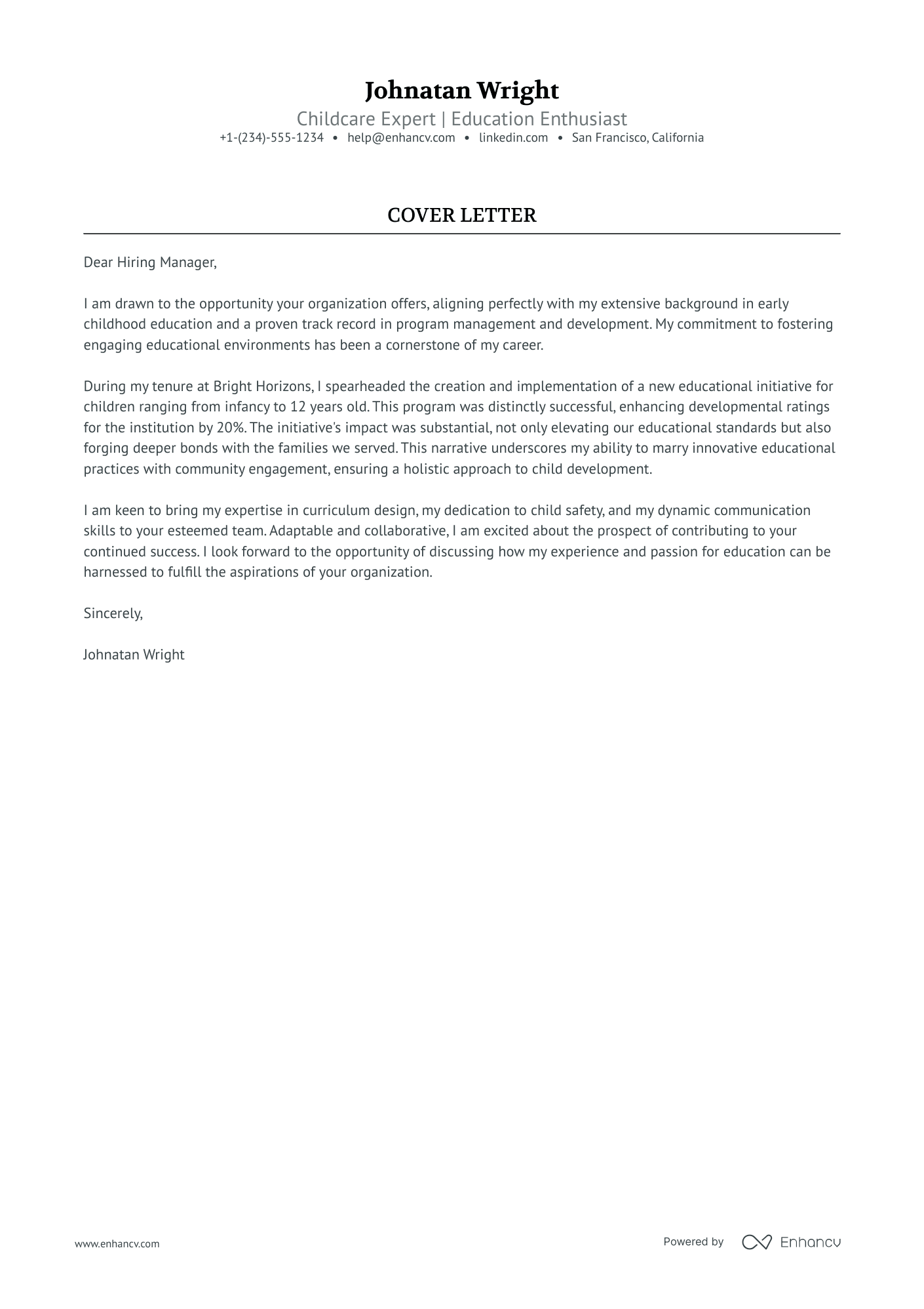 5 Professional Child Care Cover Letter Examples and Template for 2024 ...