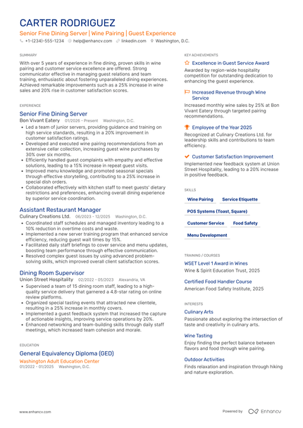 17 Fine Dining Server Resume Examples - March 2026