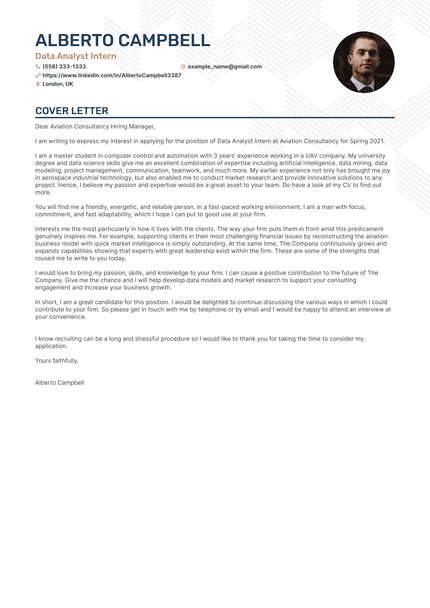 Real Data Analyst Intern Cover Letter Example for 2024