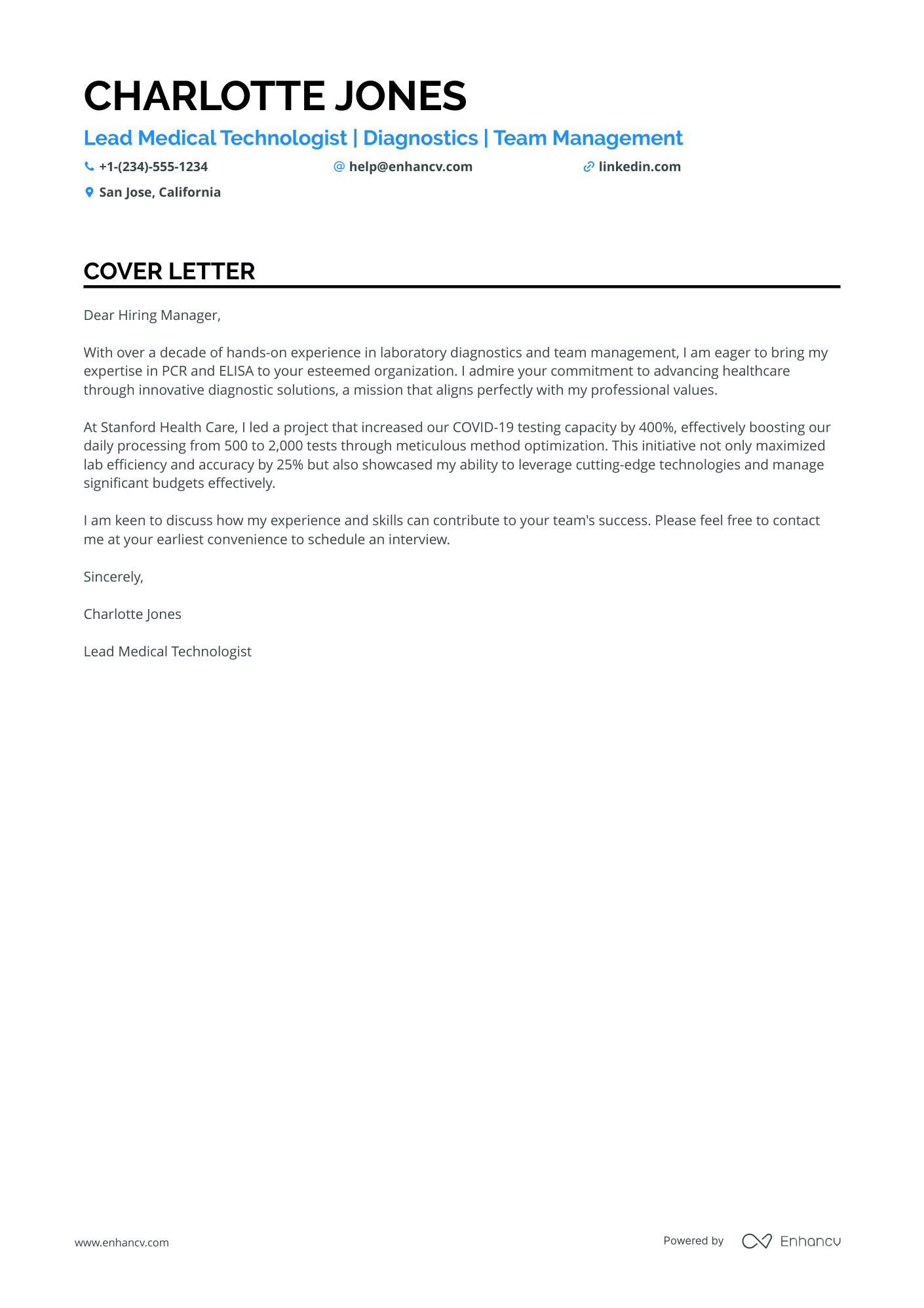 Medical Technologist Cover Letter: Examples, Tips & Templates | Enhancv