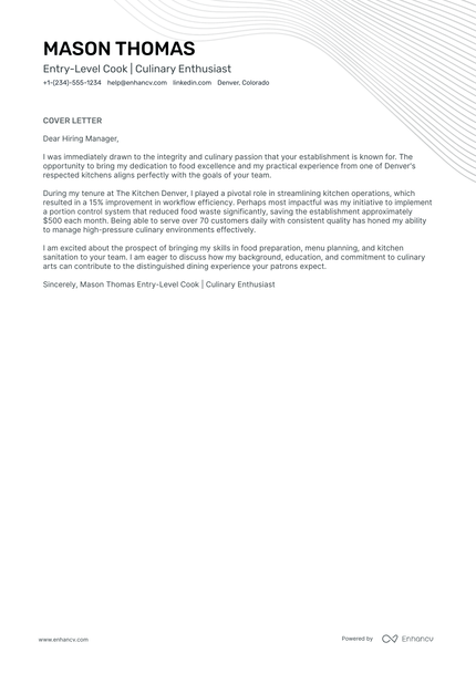 7 Professional Cook Cover Letter Examples and Template for 2026 | Enhancv