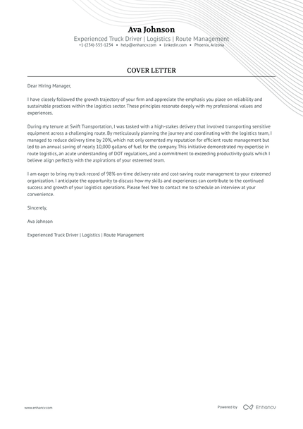 Truck Driver Cover Letter: Examples, Tips & Templates | Enhancv
