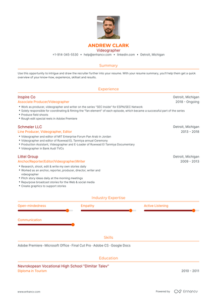 Top Videographer Resume Examples & Samples for 2023 | Enhancv.com ...
