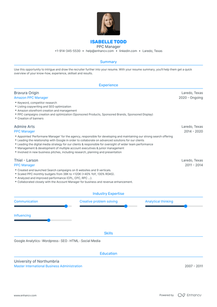 PPC Manager Resume Examples & Guide for 2023 (Layout, Skills, Keywords ...