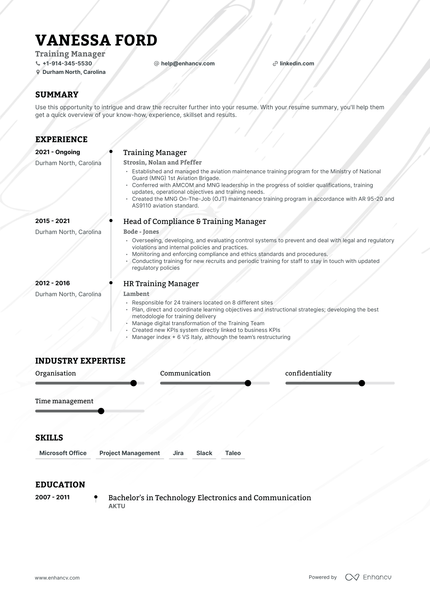 Training Manager Resume Examples & Guide for 2023 (Layout, Skills ...