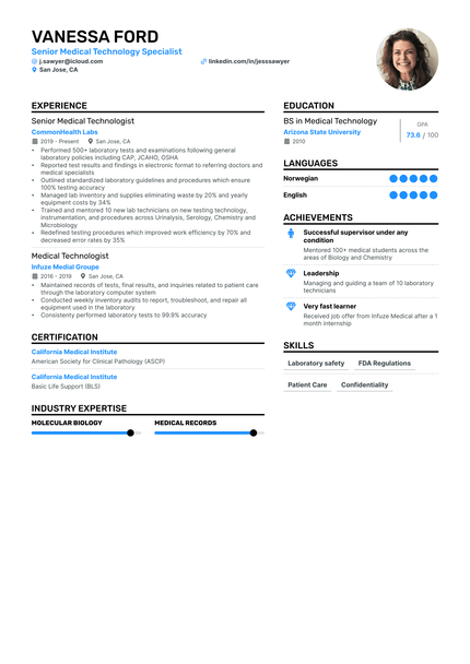 5 Medical Technologist Resume Examples & Guide for 2025