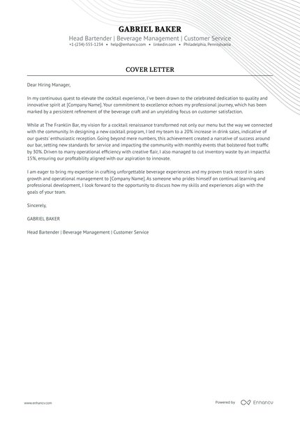 17 Professional Bartender Cover Letter Examples and Template for 2025 ...