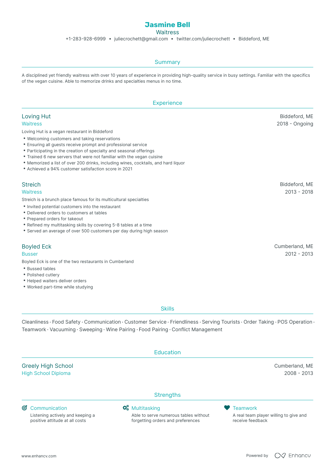 10 Waitress Resume Examples & Guide for 2024