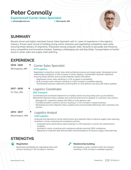 5 Strong Carrier Sales Resume Examples & Guide for 2024