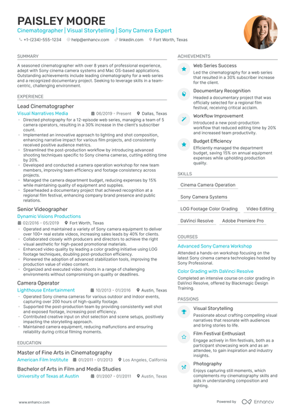 5 Cinematographer Resume Examples & Guide for 2024