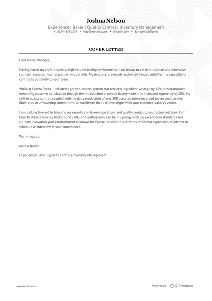 5 Professional Baker Cover Letter Examples and Template for 2024 | Enhancv