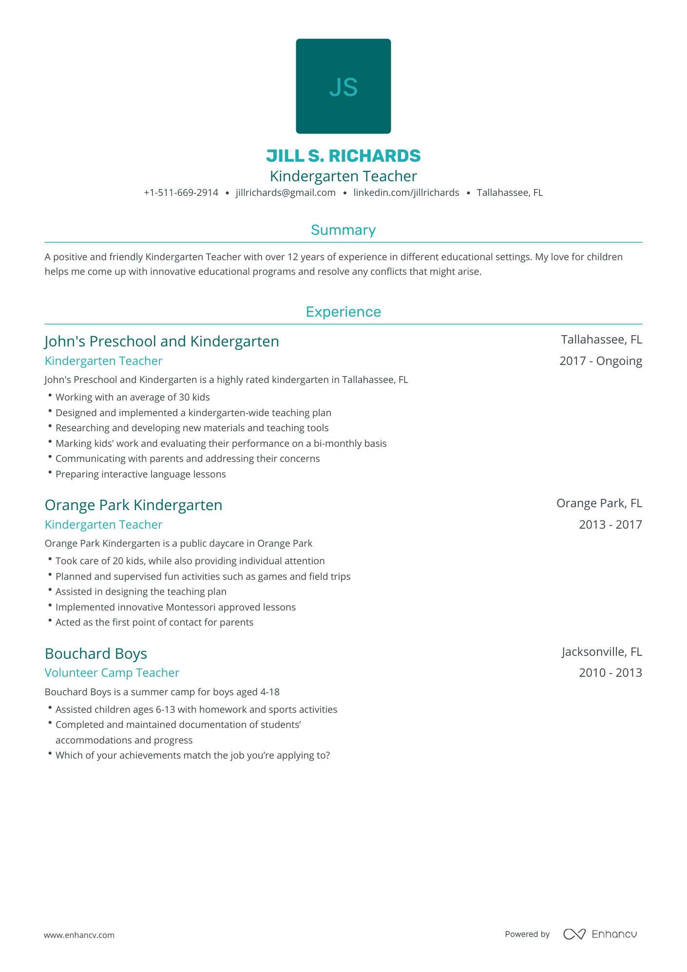 5 Kindergarten Teacher Resume Examples & Guide for 2024