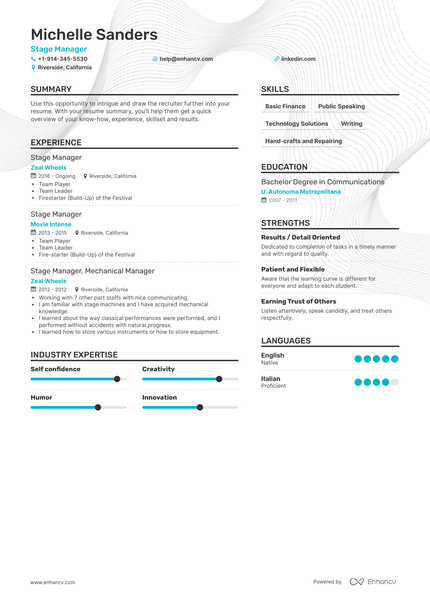 Stage Manager Resume Examples & Guide for 2023 (Layout, Skills ...