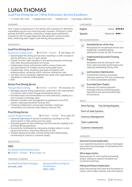 17 Fine Dining Server Resume Examples - March 2026