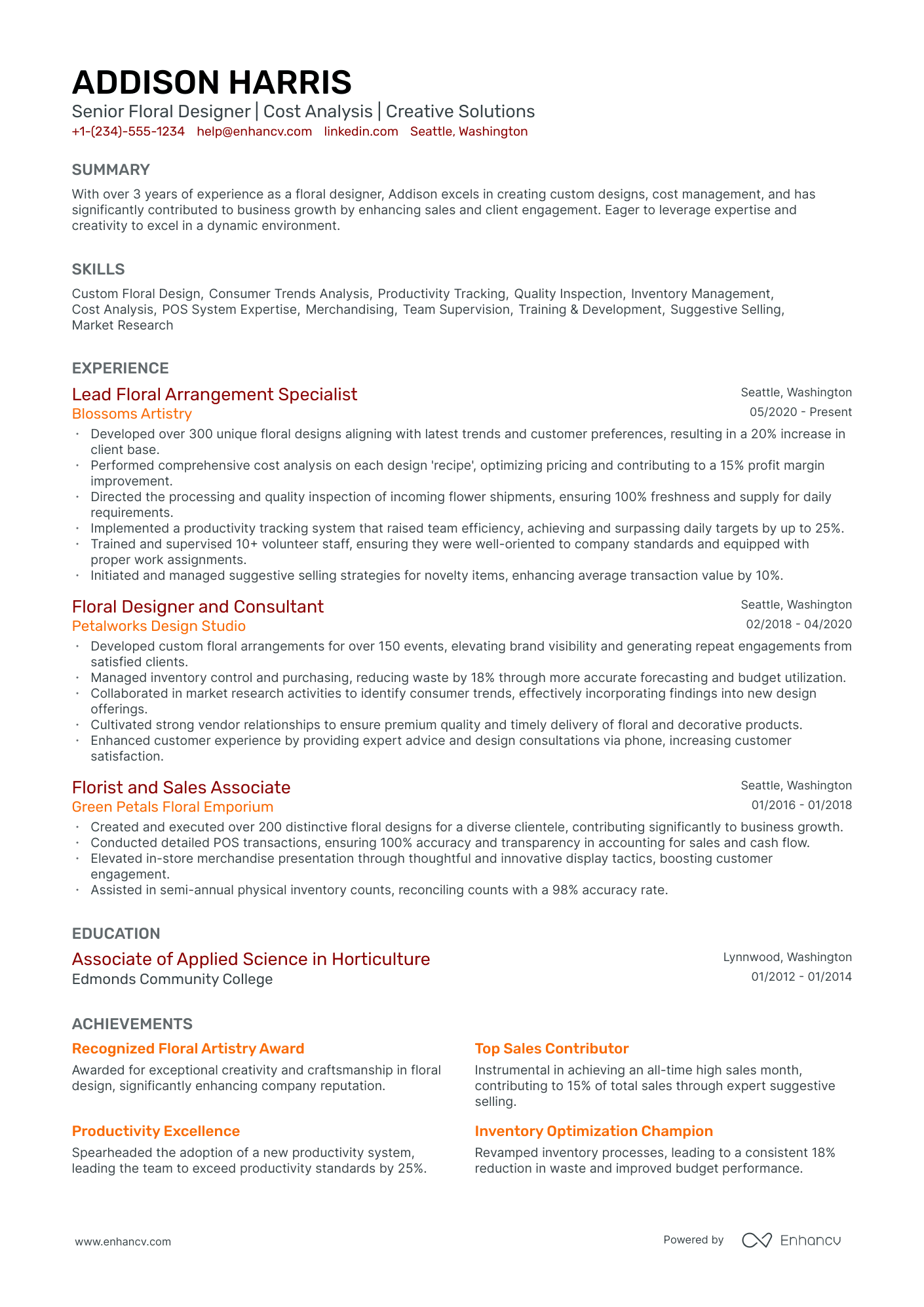 5 Floral Designer Resume Examples & Guide for 2024