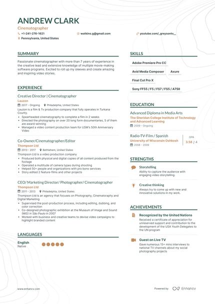 5 Cinematographer Resume Examples & Guide for 2023