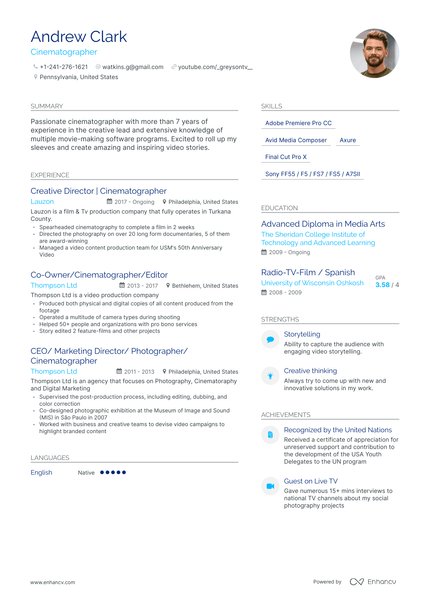 5 Cinematographer Resume Examples & Guide for 2023