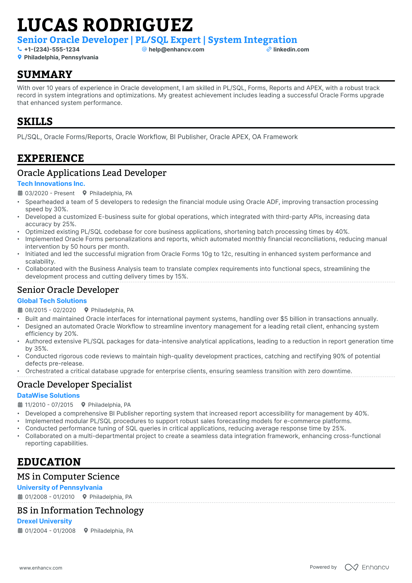 10 Senior Oracle Developer Resume Examples & Guide for 2025