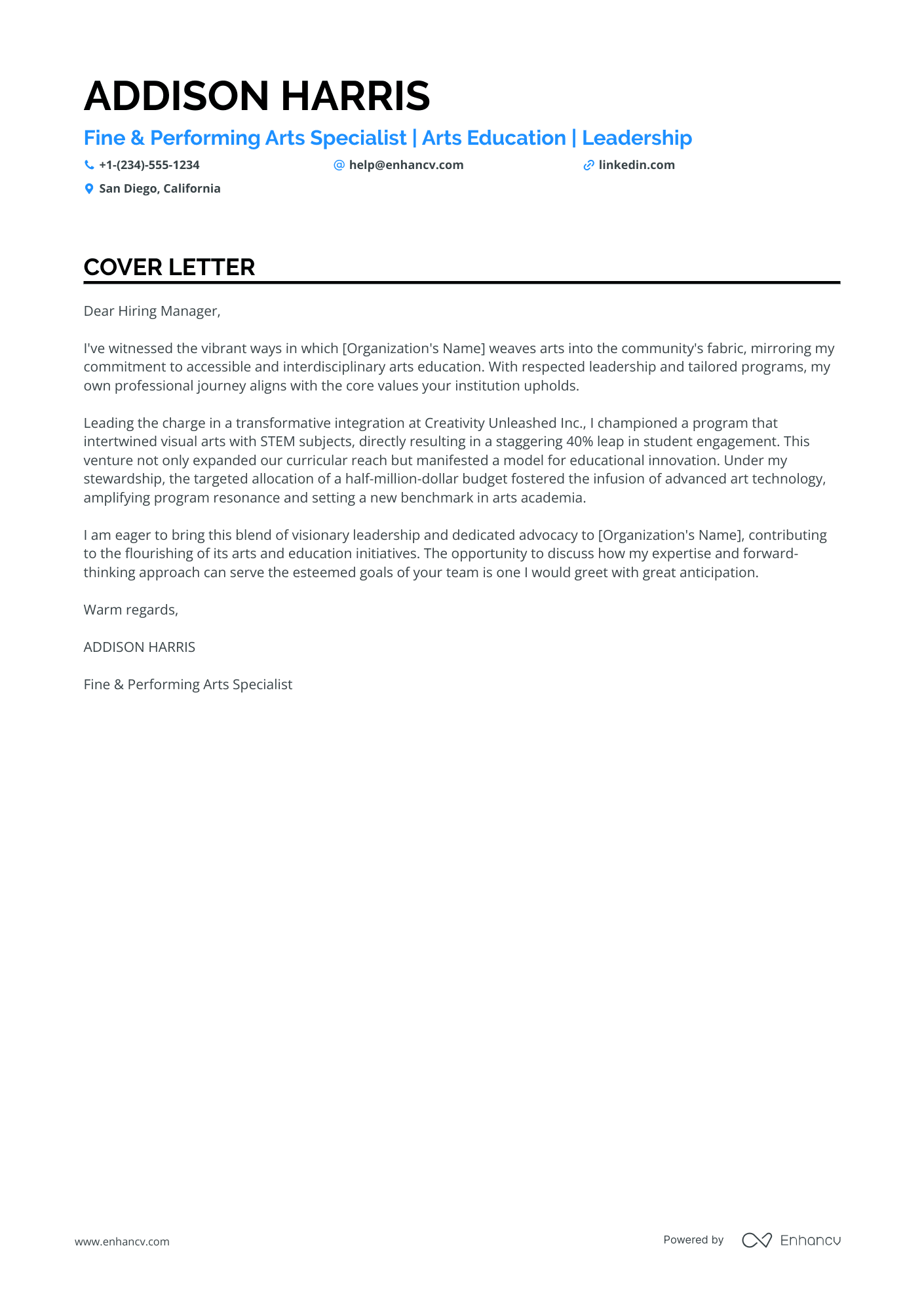 Professional Artist Cover Letter Examples and Template for 2024 | Enhancv