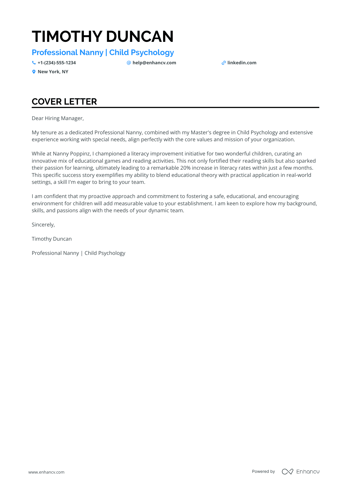 Professional Nanny Cover Letter Examples and Template for 2024 | Enhancv