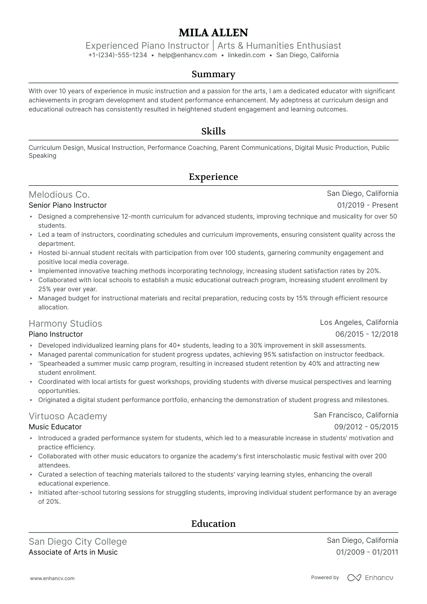 10 Piano Teacher Resume Examples, Templates & Guide for 2026