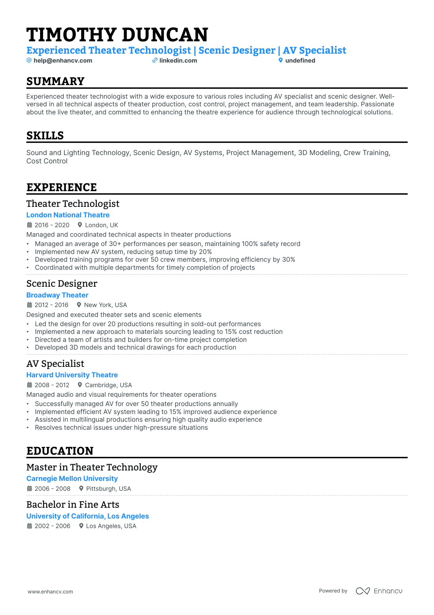 10 Technical Theatre Resume Examples & Guide for 2026
