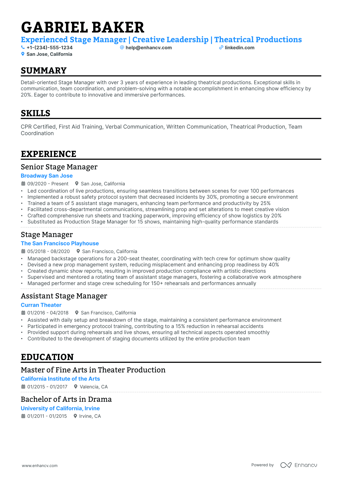 10 Stage Manager Resume Examples & Guide for 2026