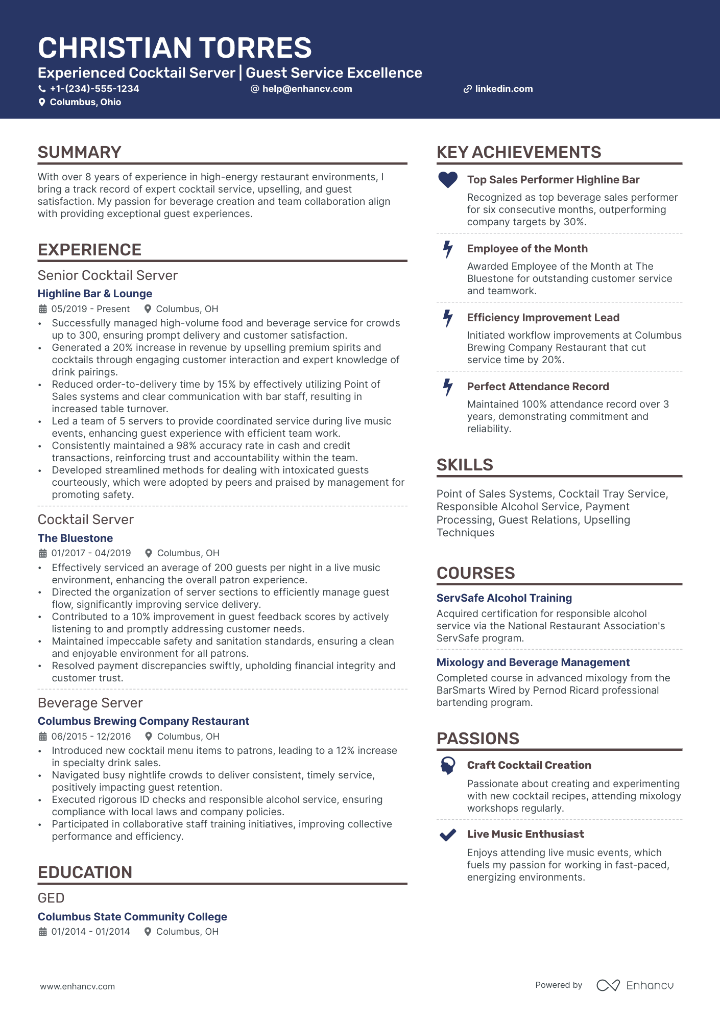 10 Cocktail Server Resume Examples & Guide for 2026