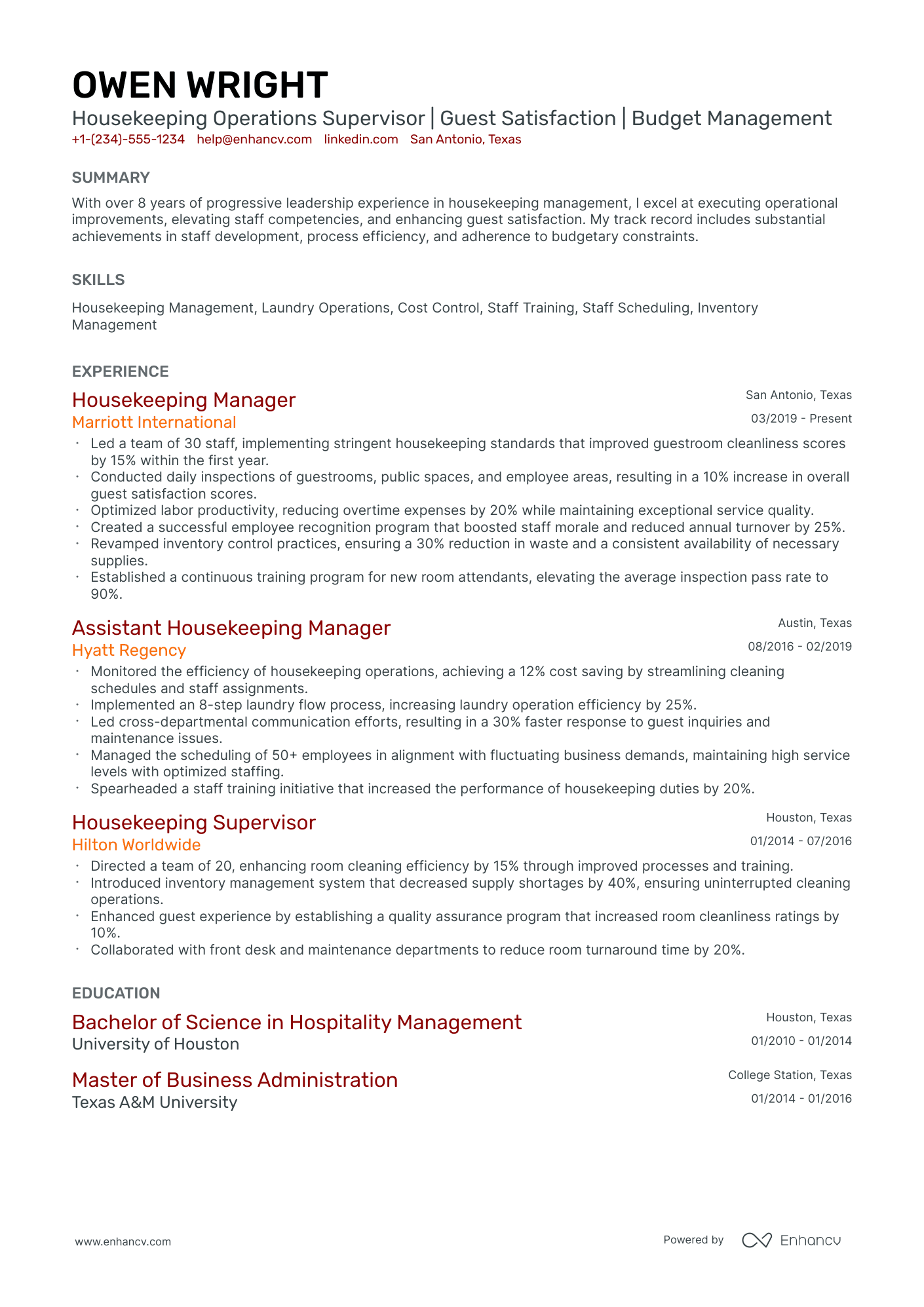 10 Housekeeping Manager Resume Examples & Guide for 2026