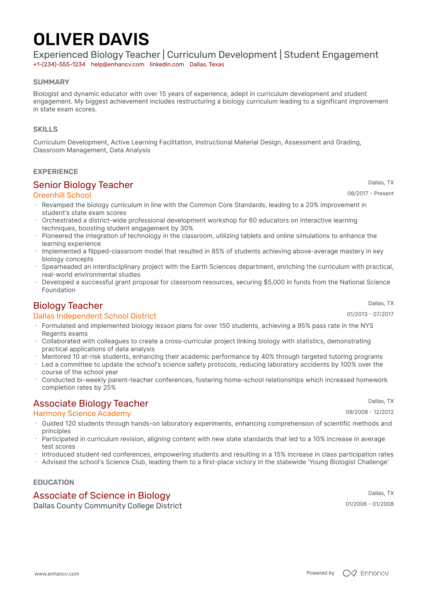 10 Biology Teacher Resume Examples, Templates & Guide for 2026
