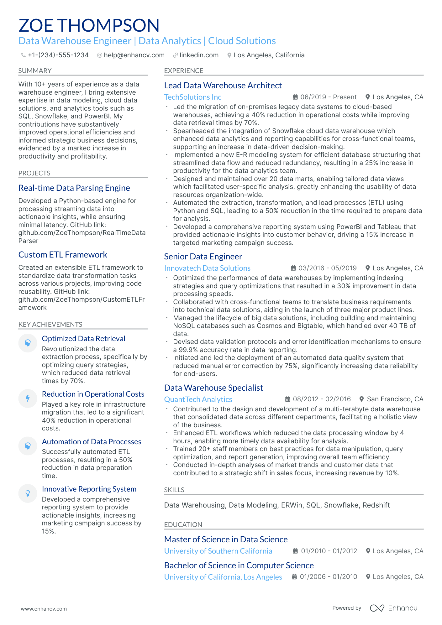 10 Data Warehouse Engineer Resume Examples & Guide for 2026