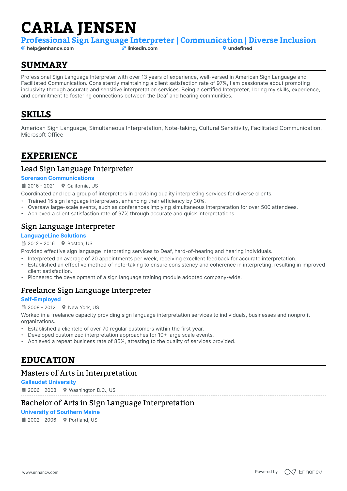 10 Sign Language Interpreter Resume Examples & Guide for 2025