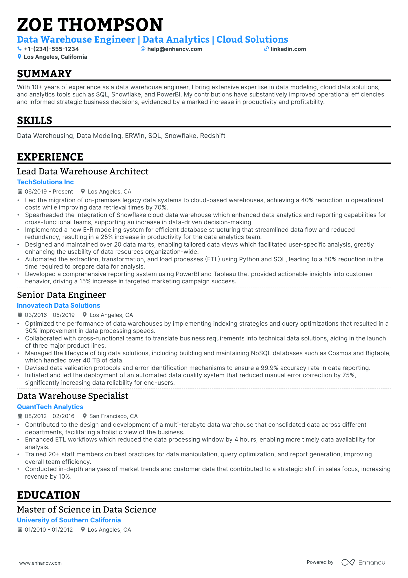 10 Data Warehouse Engineer Resume Examples & Guide for 2026