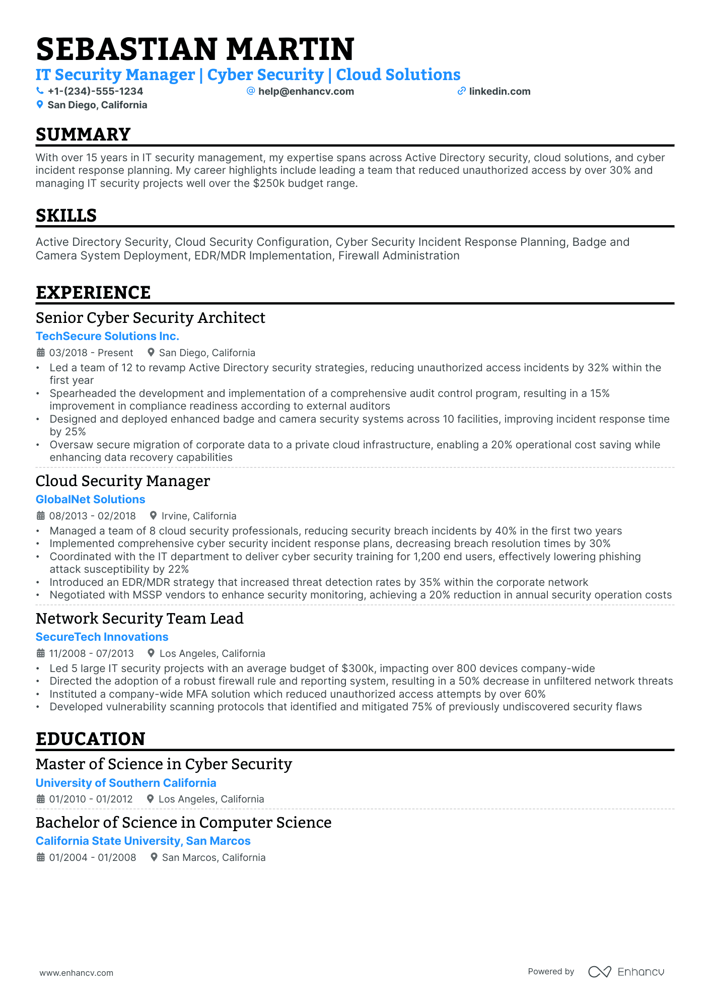 10 IT Security Manager Resume Examples & Guide for 2025