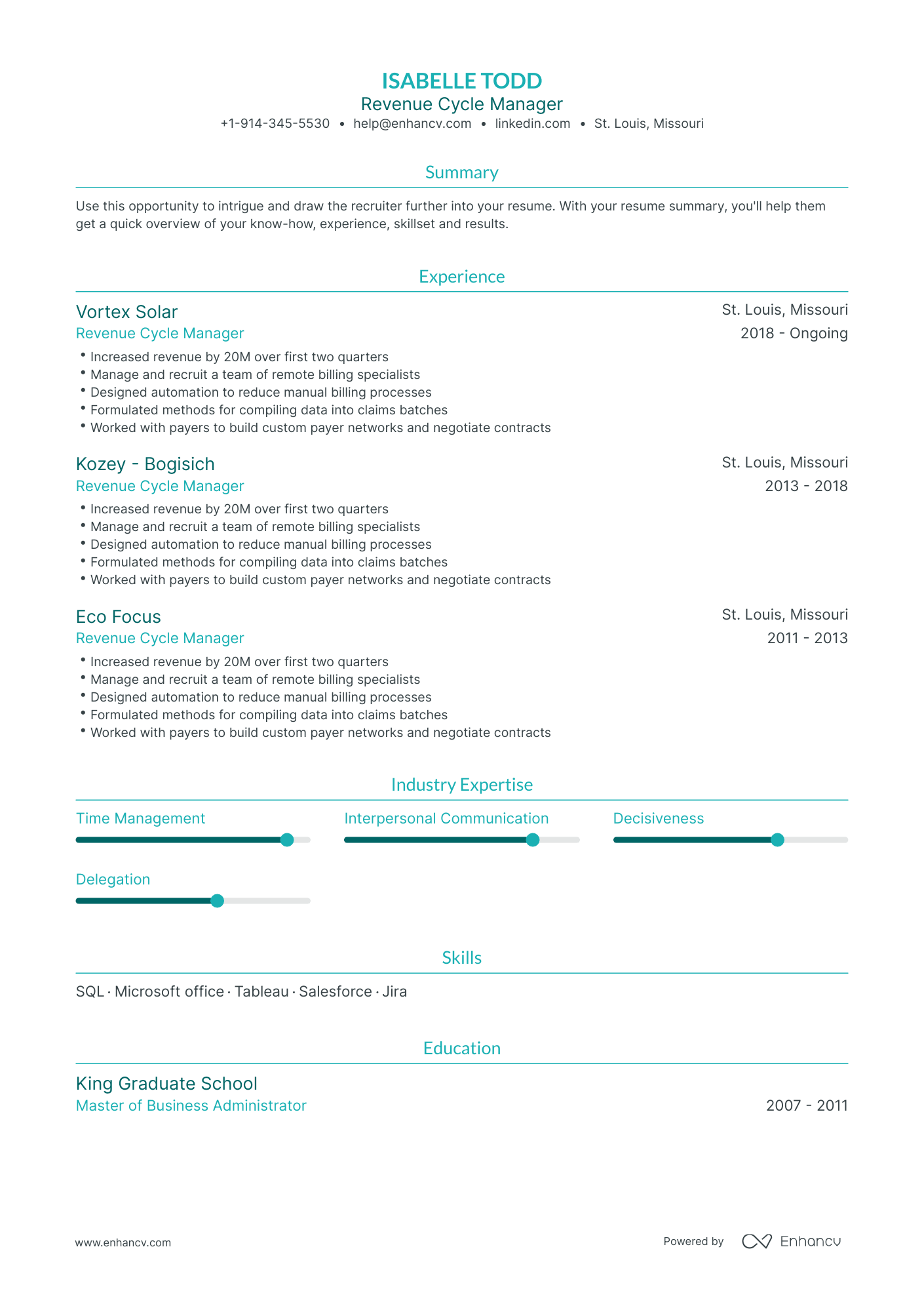 Revenue Cycle Manager Resume Examples & Guide for 2023 (Layout, Skills ...