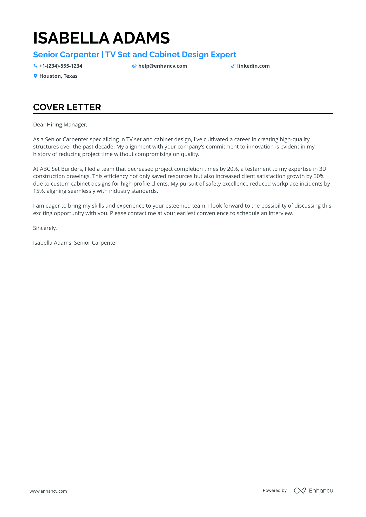 How to Write a Carpenter Cover Letter (Free Examples) | Enhancv
