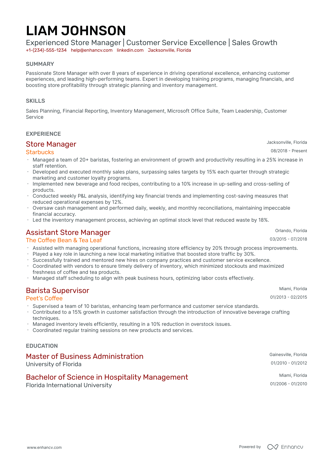 10 Starbucks Store Manager Resume Examples & Guide for 2026