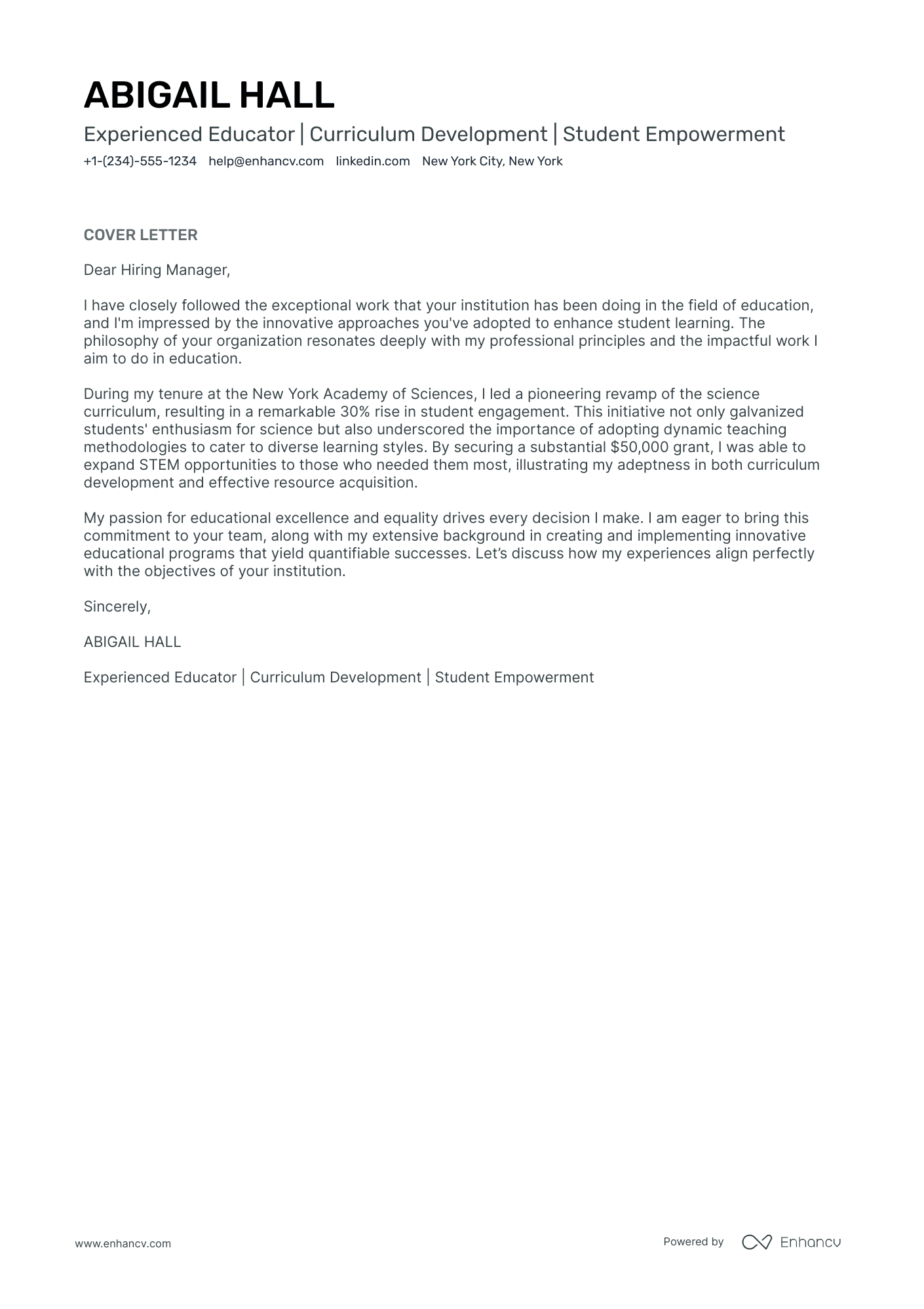 Teacher Cover Letter: Examples, Tips & Templates | Enhancv
