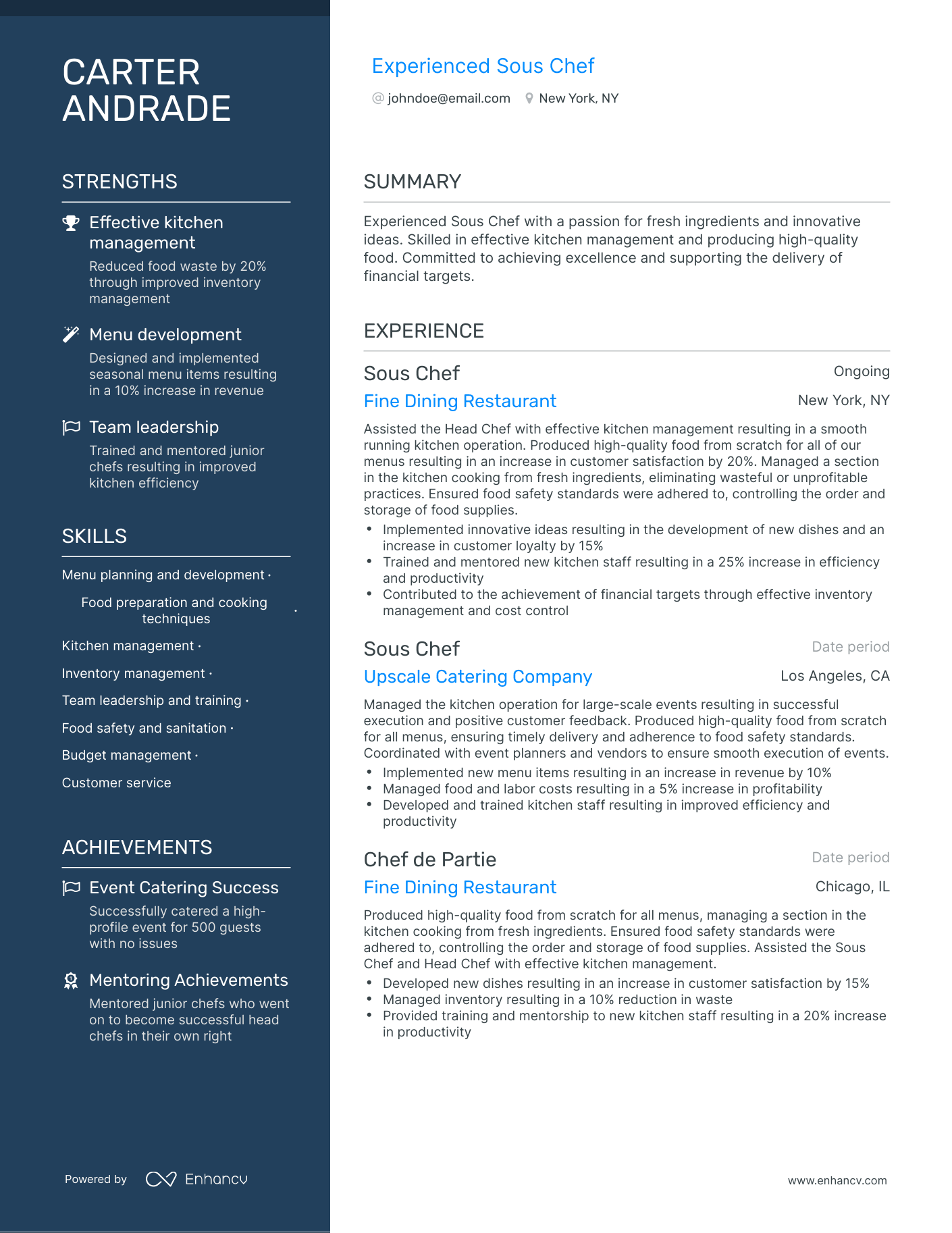 5 Sous Chef Resume Examples & Guide for 2024