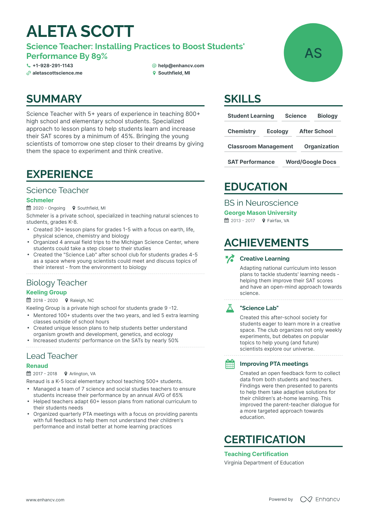 5 Science Teacher Resume Examples & Guide for 2024