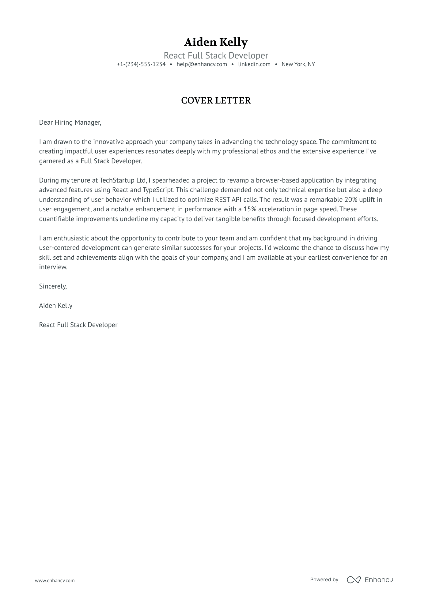 8 Professional React Full Stack Developer Cover Letter Examples and Template for 2024 | Enhancv