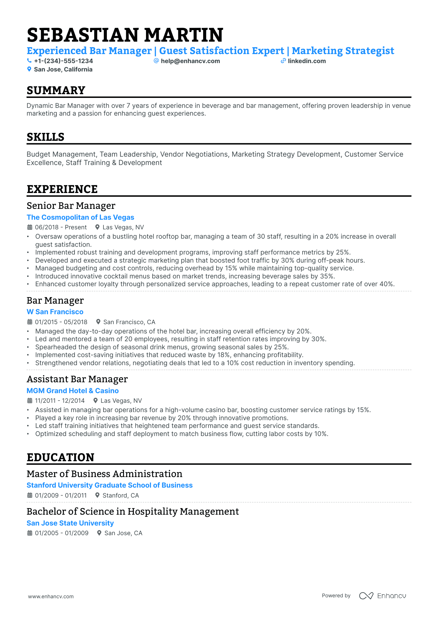 10 Bar Manager Resume Examples - March 2026