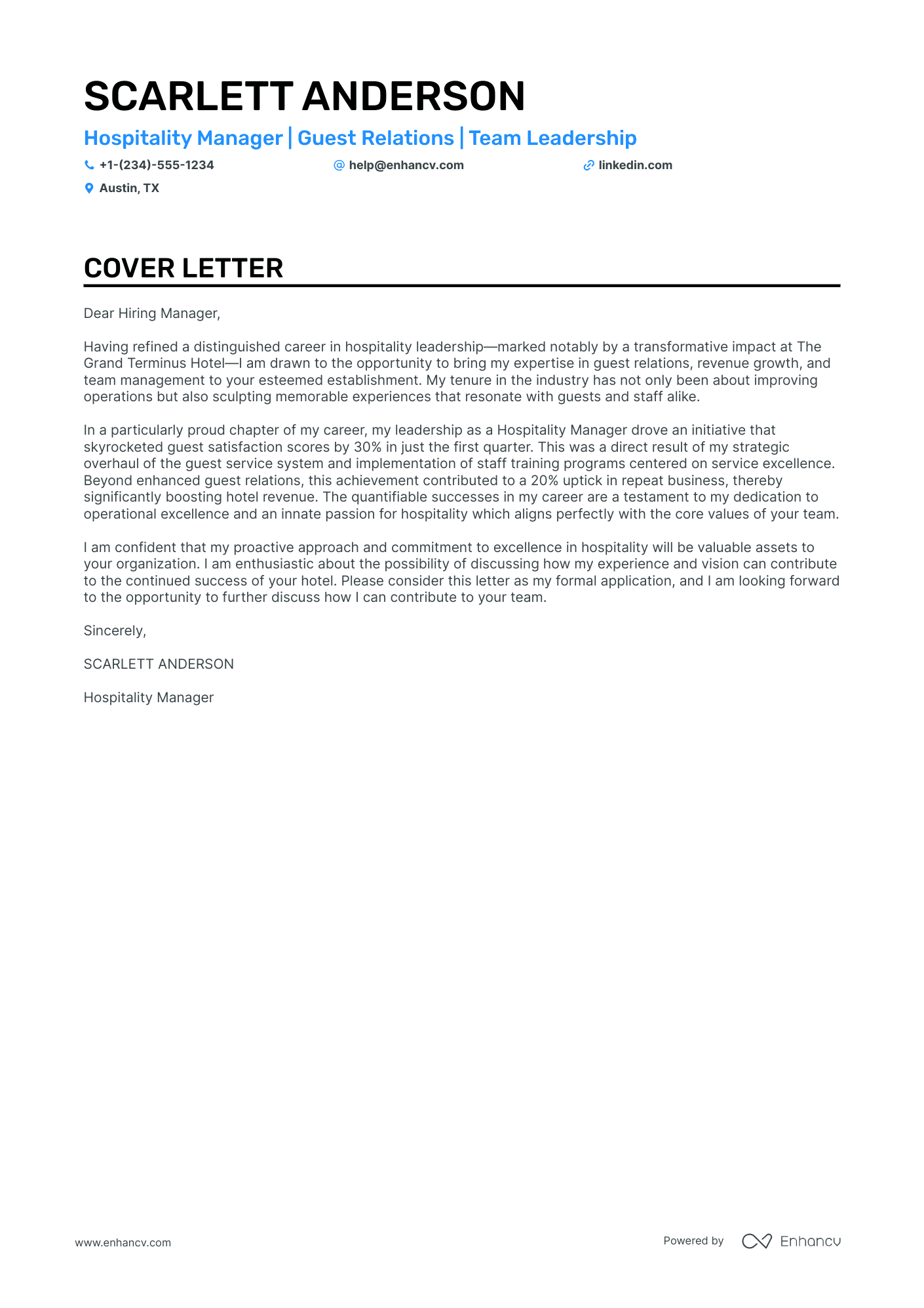 10 Professional Hotel General Manager Cover Letter Examples and Template for 2026 | Enhancv