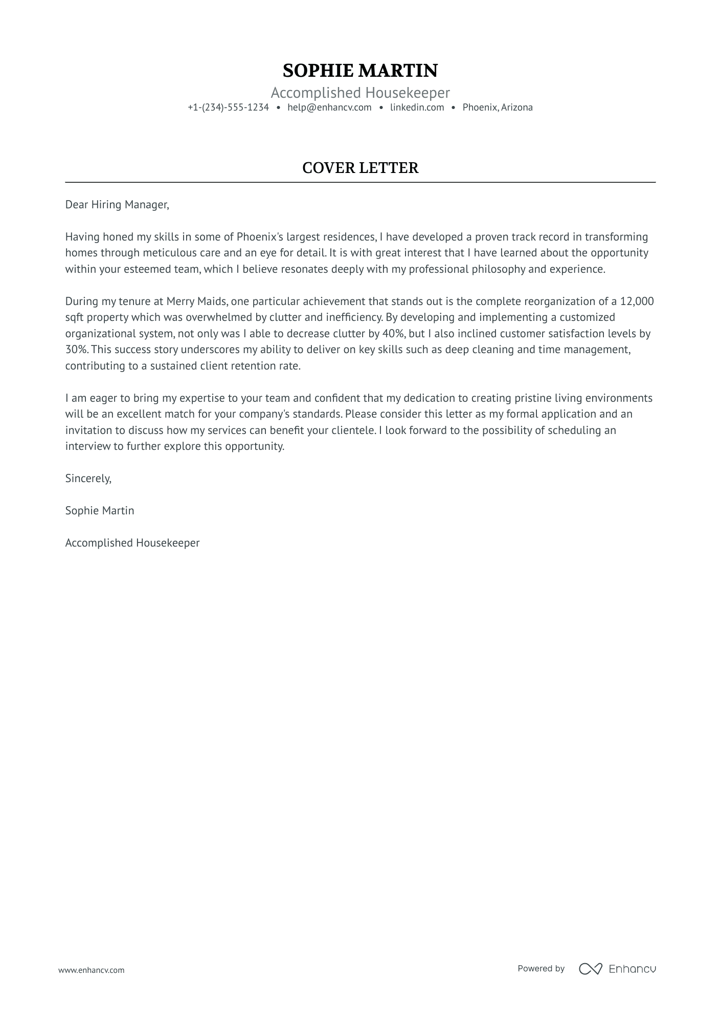 Housekeeper Cover Letter Examples That Get You Hired | Enhancv